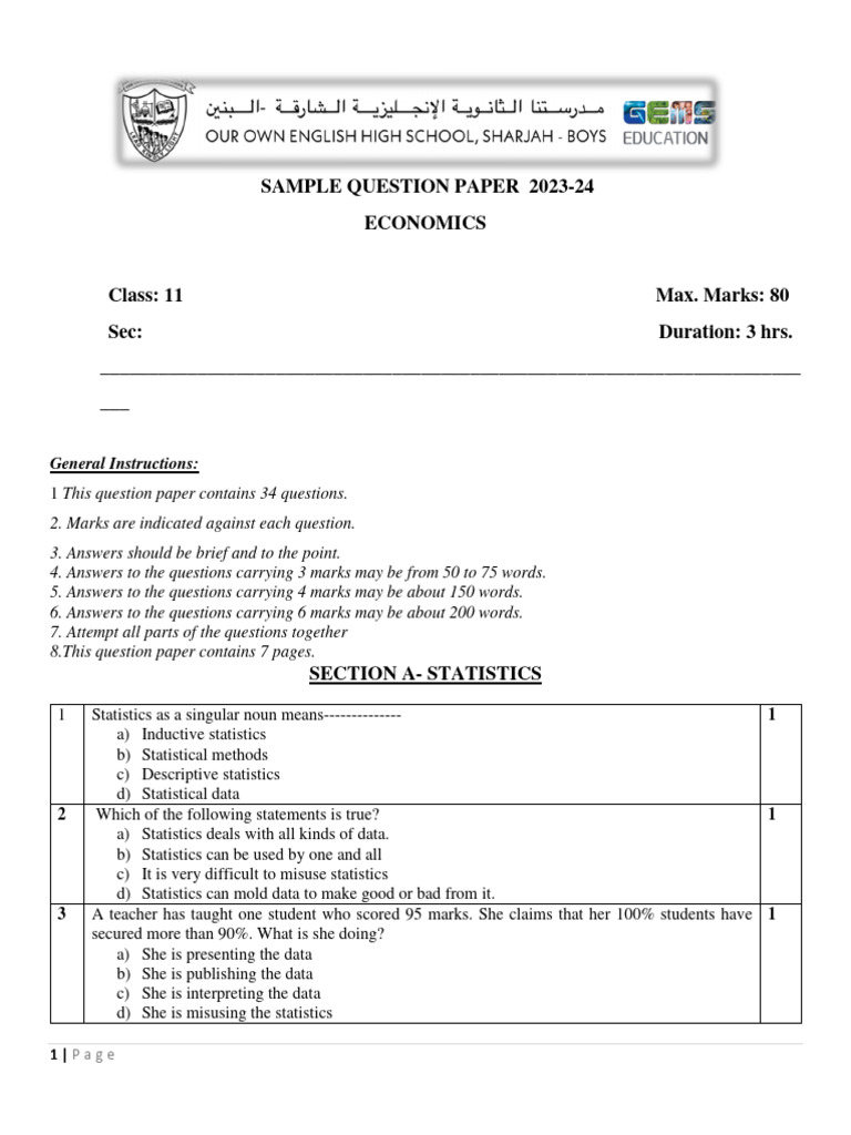 Class 11 Economics Exam Paper | PDF | Demand | Price Elasticity Of Demand