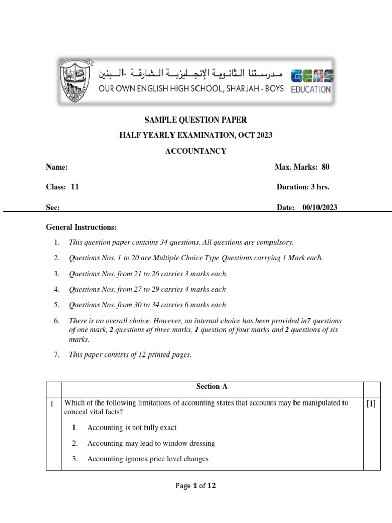 Sample Paper 11 Term 1 - ACCOUNTANCY 2023 Grade 11 | PDF | Debits And ...