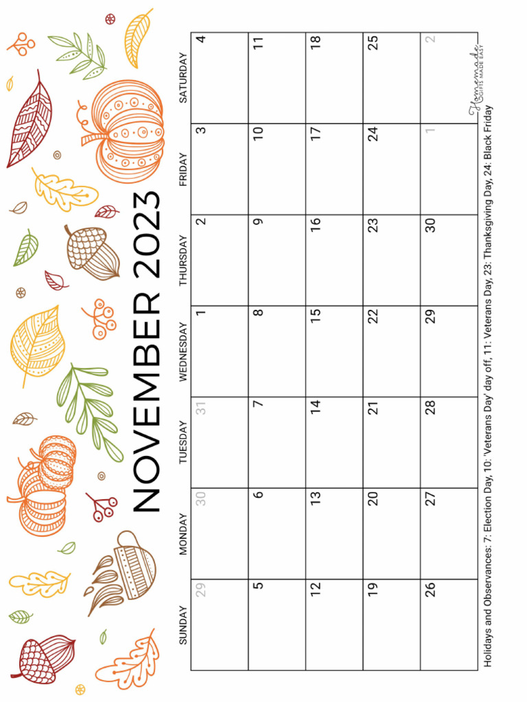 November Calendar 2023 Printable Fall Landscape | PDF