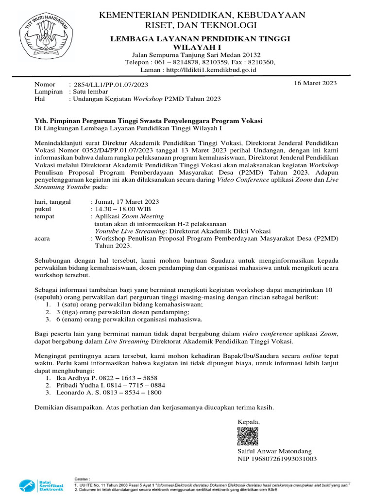 Undangan Workshop P2MD Vokasi - Lldikti 1 | PDF | Komputer