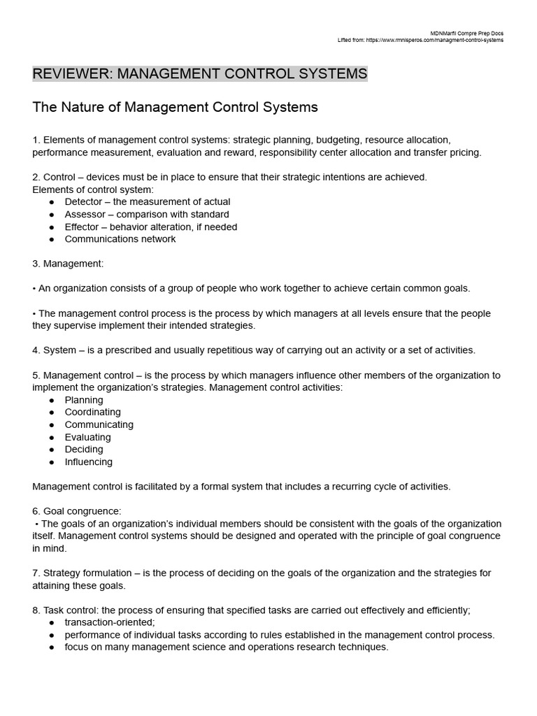 Management Control Systems | PDF | Strategic Management | Profit ...