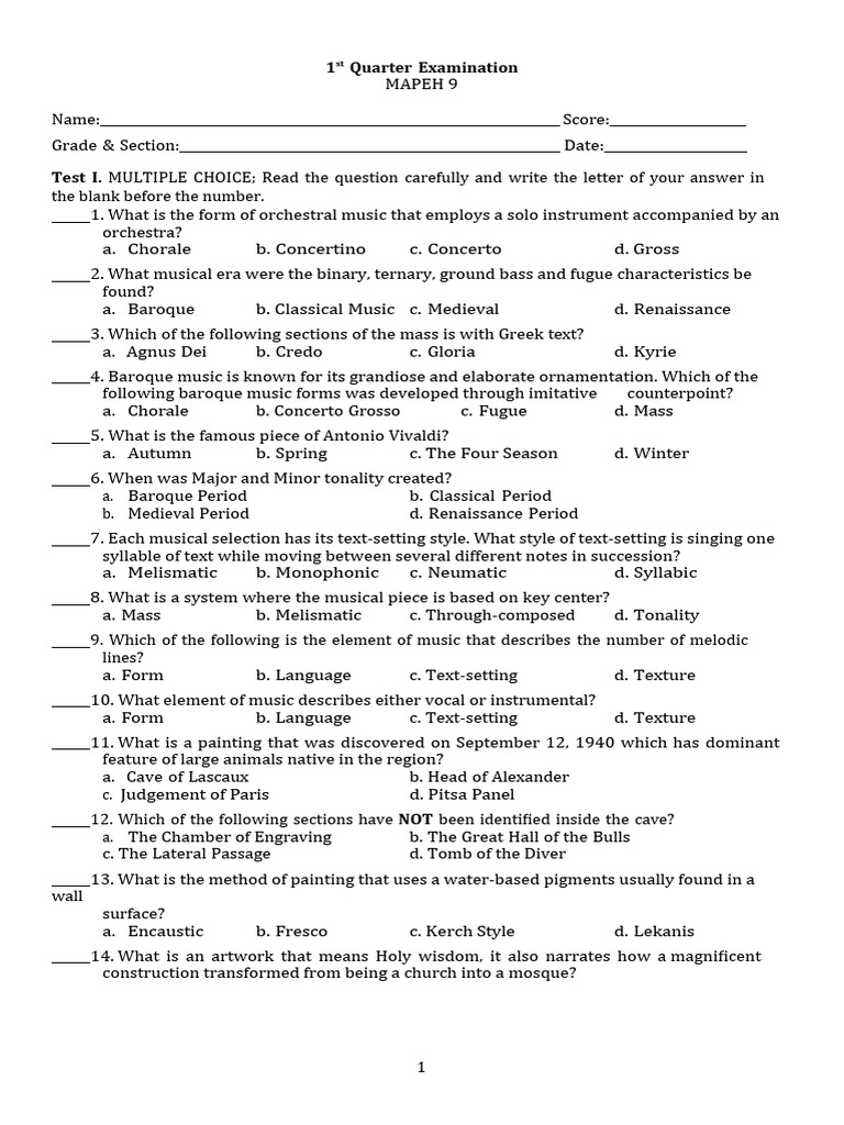 Mapeh 9 - 1ST Exam | PDF | Baroque Music | Knee