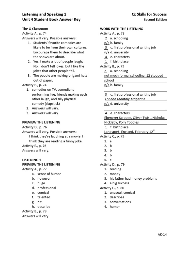Q2e LS1 U04 AnswerKey | PDF | Humour | Jokes