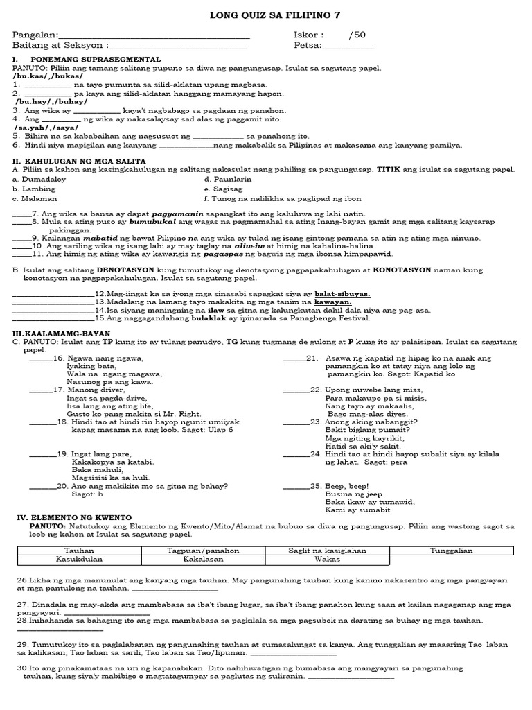 Long Quiz Sa Filipino 7 | PDF