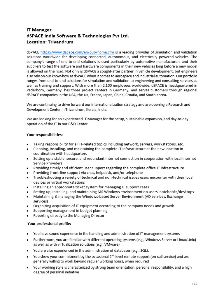 JD - IT Manager - Dspace India | PDF | Microsoft Windows | Simulation