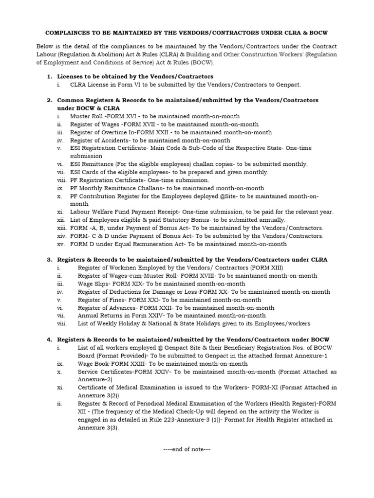 BOCW Checklist | PDF | Employment | Labor Relations