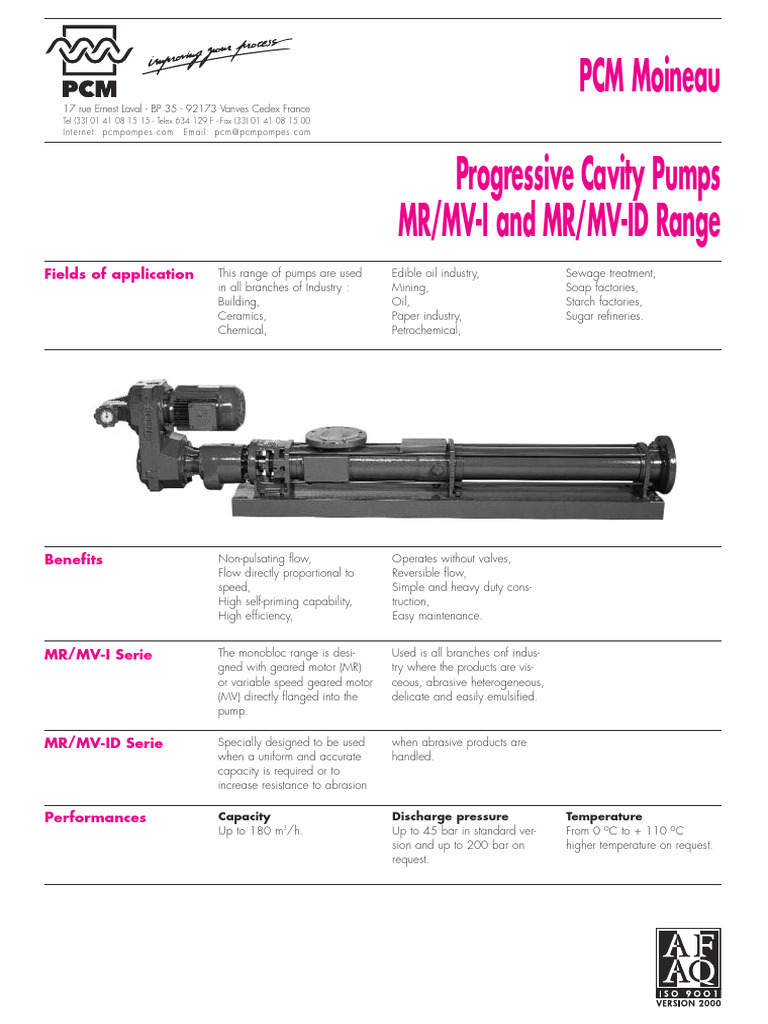 PCM Moineau MR MV | PDF | Pump | Electric Motor