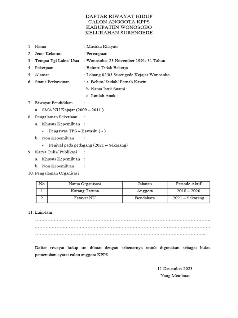 Daftar Riwayat Hidup KPPS | PDF