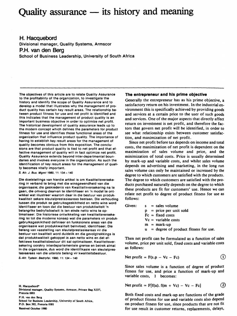 Quality Assurance Its History and Meaning | PDF