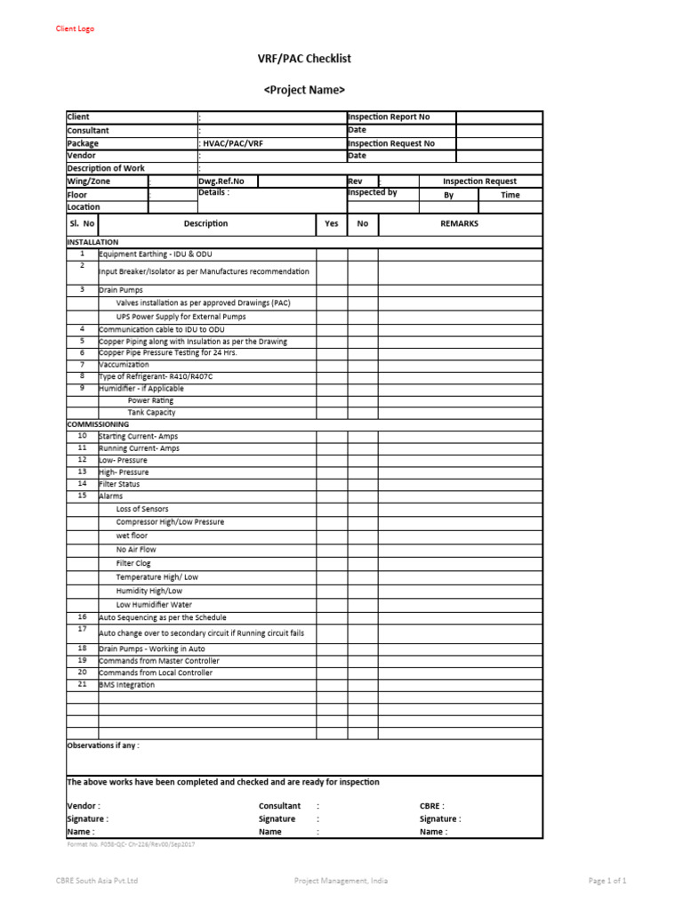 F058-QC MEP VRF-PAC Check List | PDF