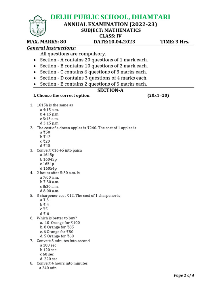 Class IV Math Exam Paper | PDF