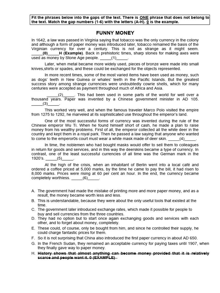 B1 Reading-Gapped Sentences-Funny Money | PDF | Money | Currency