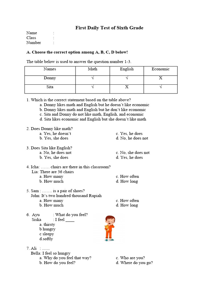 First Daily Test of Sixth Grade | PDF