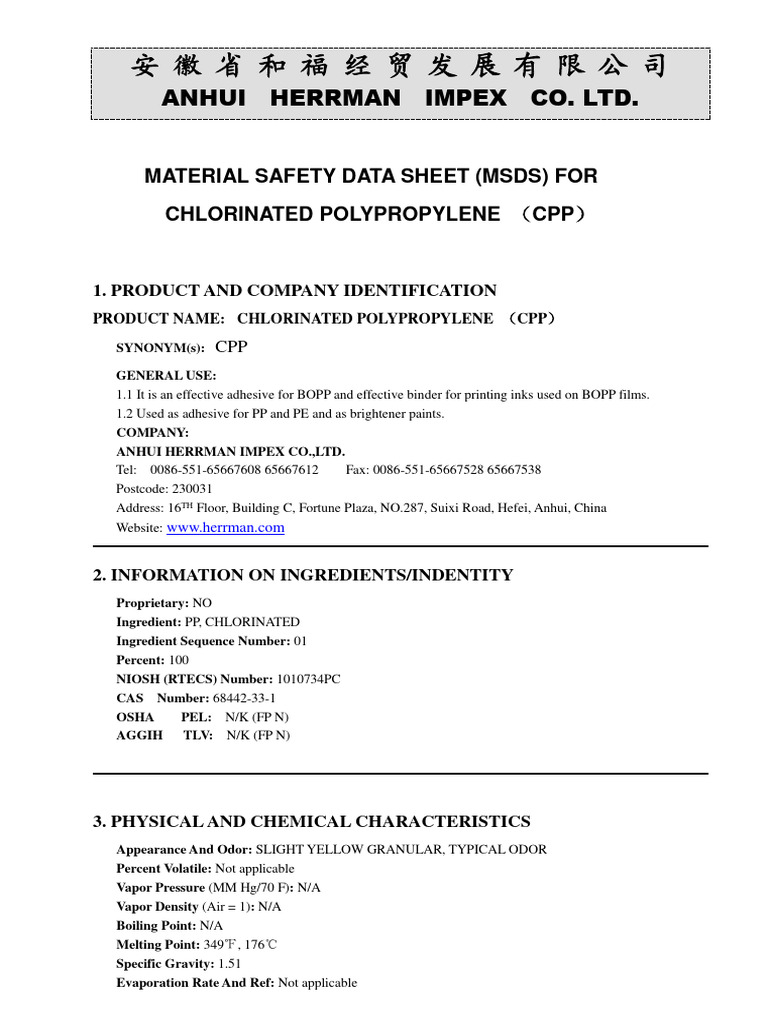 Chlorinated Polypropylene MSDS | PDF | Waste | Hazards