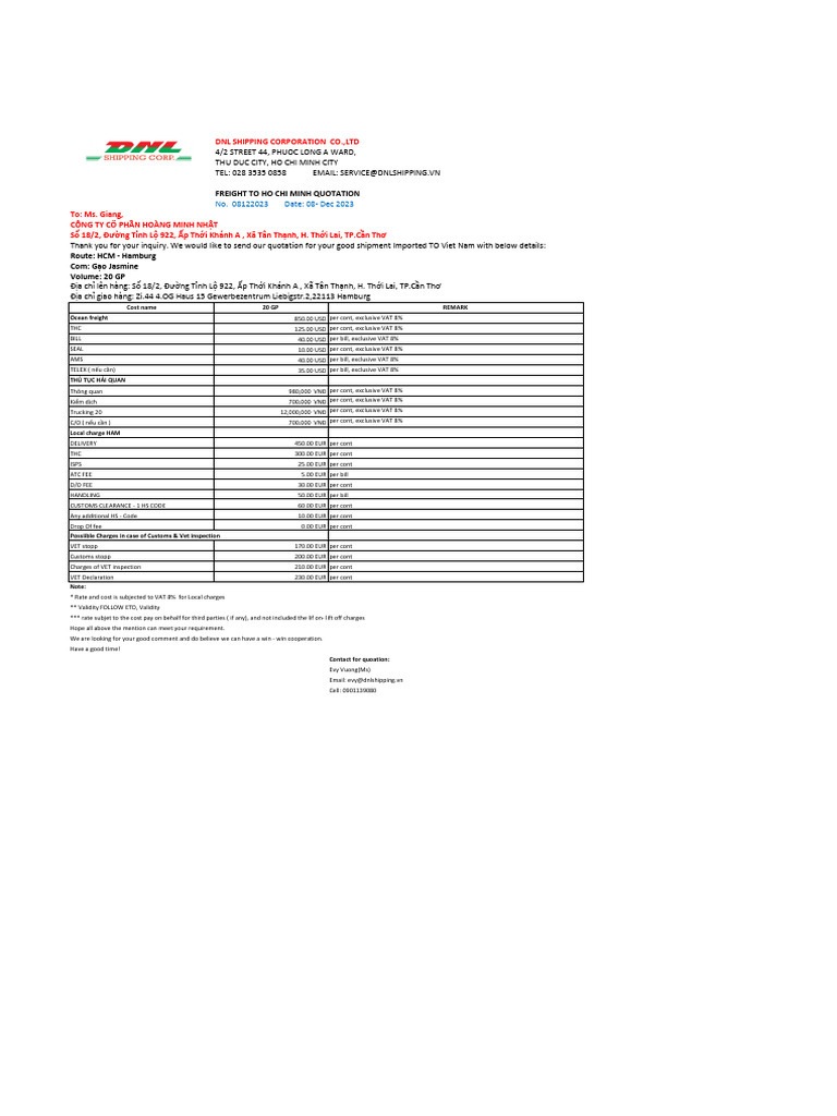 Quotation HCM - Ham - 20 - Evy DNL 0901139080 | PDF | Consumer Goods | Transport