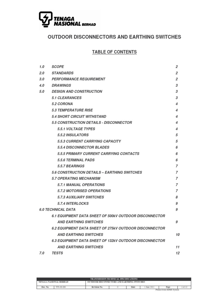 Outdoor Disconnectors & Earthing Switches Specs | PDF | Insulator ...
