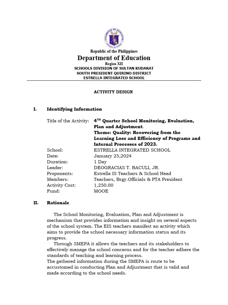 SMEPA Activity Design for School Monitoring | PDF | Business