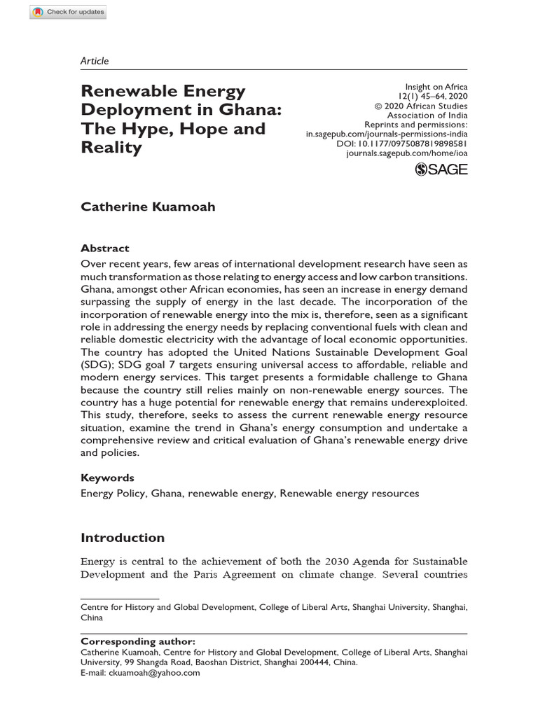 Kuamoah 2020 Renewable Energy Deployment in Ghana The Hype Hope and Reality | PDF | Renewable ...