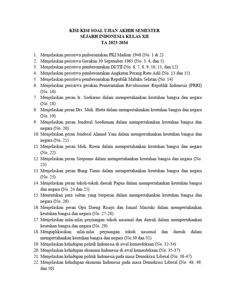 Kisi-Kisi Soal Ujian Sej Indonesia KLS Xii | PDF