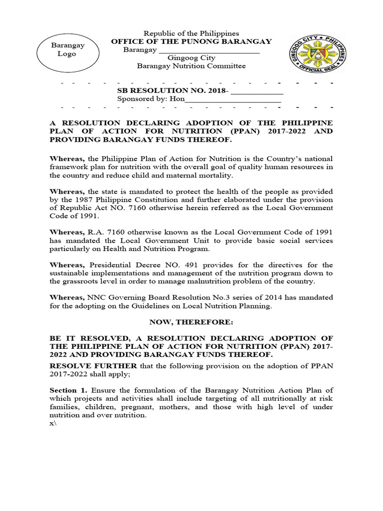 SB Resolution PPAN Adoption 2017-2022 | PDF | Malnutrition
