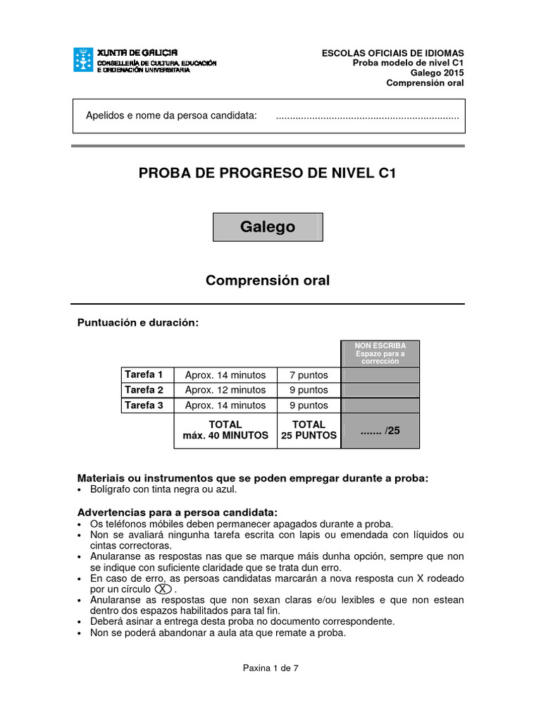 Galego: Proba de Progreso de Nivel C1 | PDF