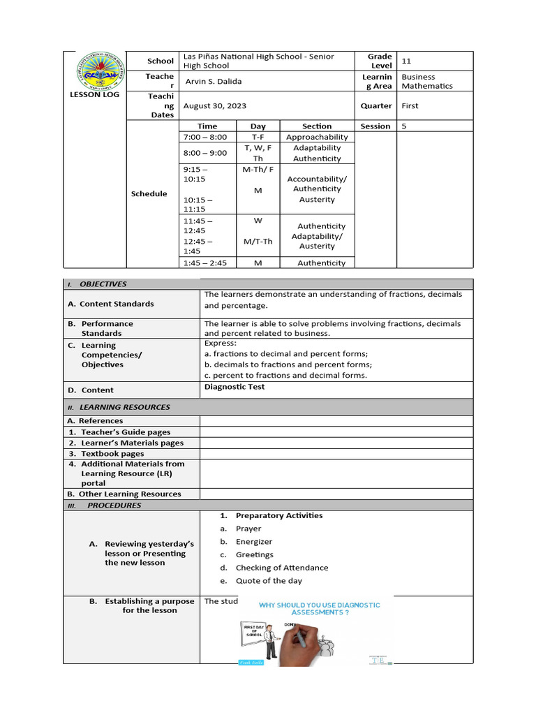 DLL - Bus - Math - August 30, 2023 - Q1 - Week 1 | PDF | Learning | Chart