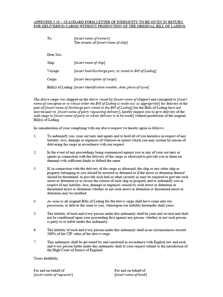 Cargo Indemnity Agreement | PDF | Indemnity | Bill Of Lading