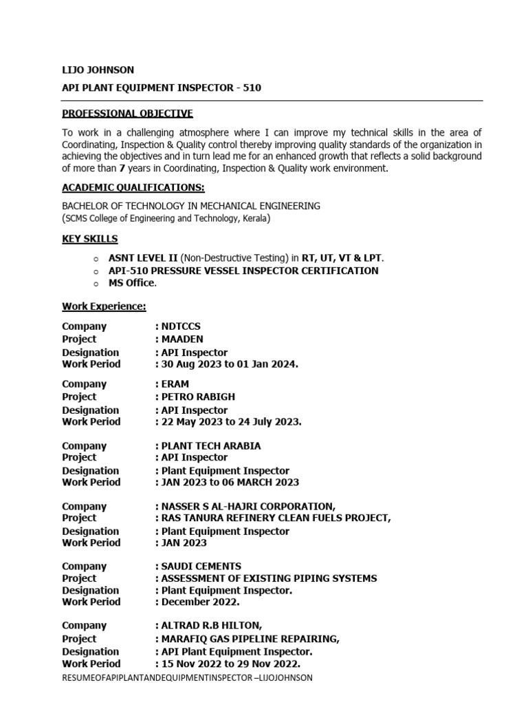 Lijo Johnson - Api Inspector - 510 - CV | PDF | Welding | Construction