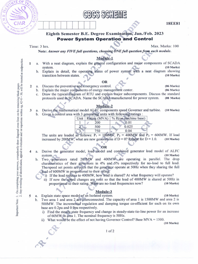 Share VTU Question Paper of 18EE81 Power System Operation and Control Jan-Feb-2023 | PDF