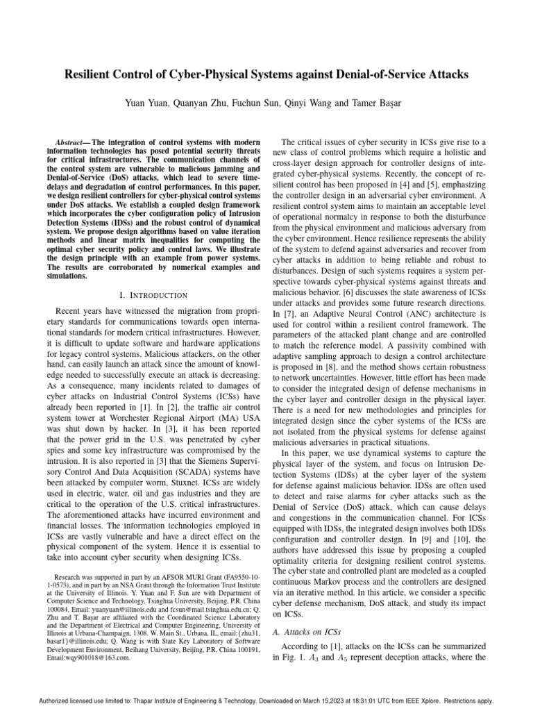 Resilient Control of Cyber-Physical Systems Against Denial-of-Service Attacks | PDF | Computer ...