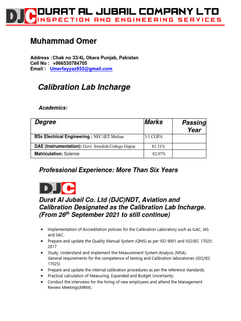 Calibration Lab Incharge Profile | PDF | Calibration | Sensor
