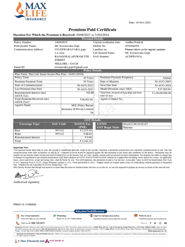 Term Isurance - 80C - 2023-24 | PDF