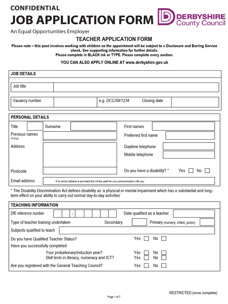 Teacher Application Form | PDF | Teachers