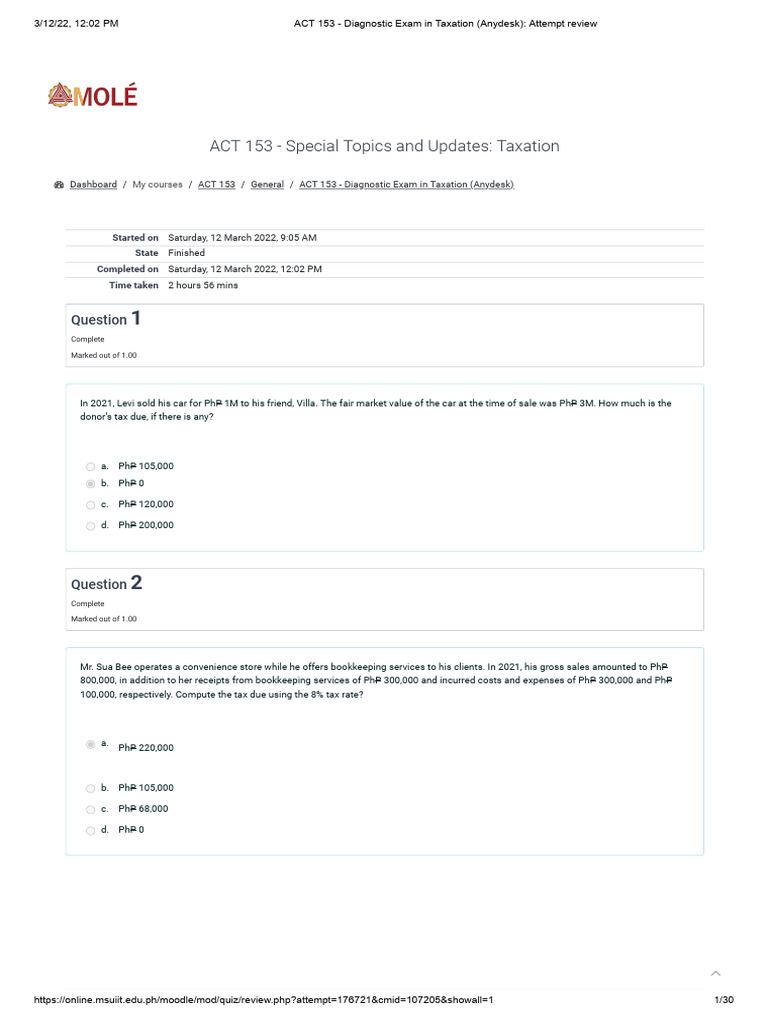 ACT 153 - Diagnostic Exam in Taxation Anydesk Attempt Review | PDF | Taxes | Value Added Tax