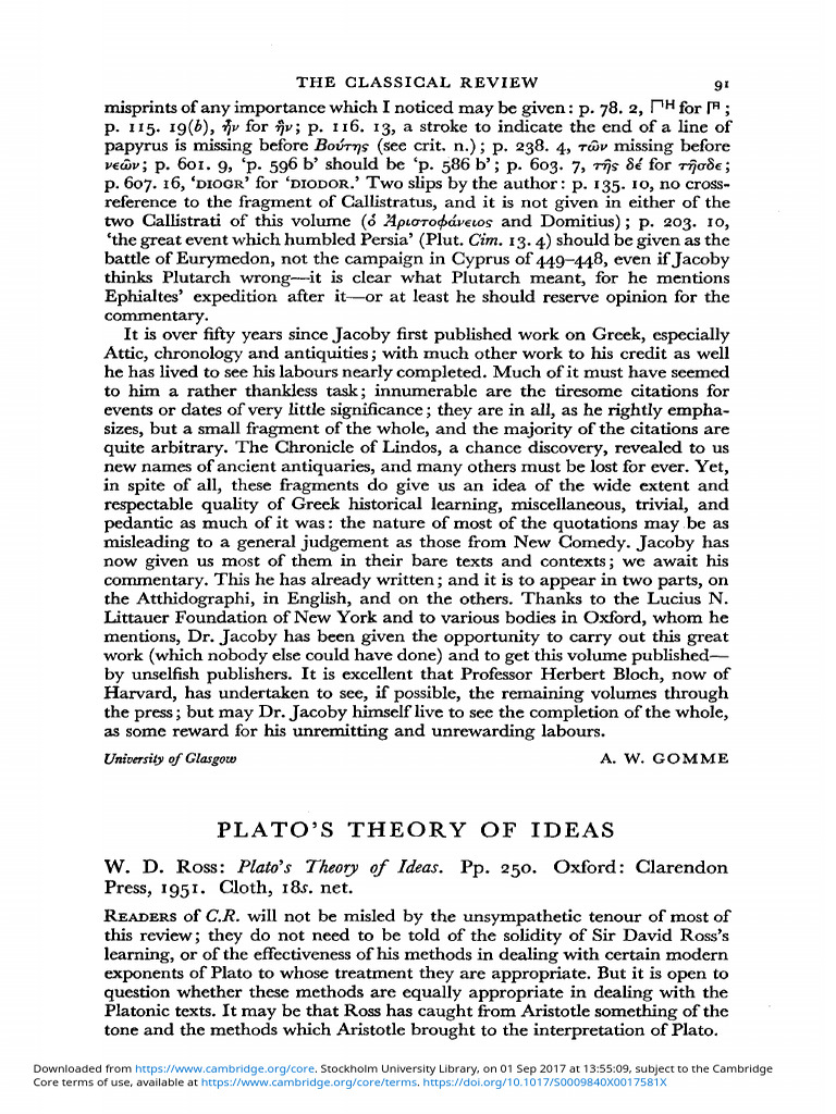 Plato's Theory of Ideas W. D. Ross Plato's Theory of Ideas Tate, J ...
