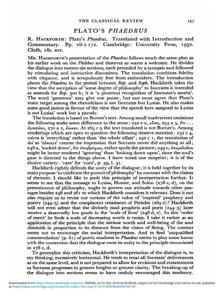 Analysis of Hackforth's Phaedrus Translation | PDF | Socrates | Plato