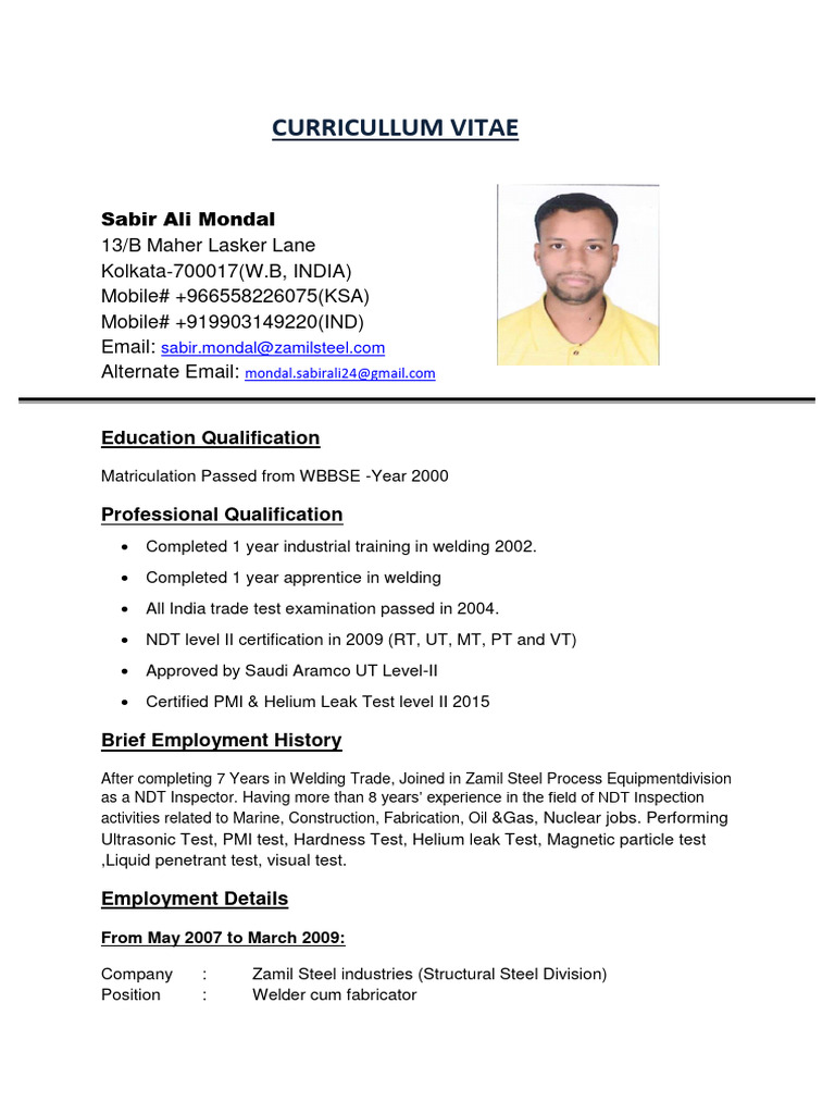 Sabir Ali Mondal - NDT Inspector CV | PDF | Nondestructive Testing ...