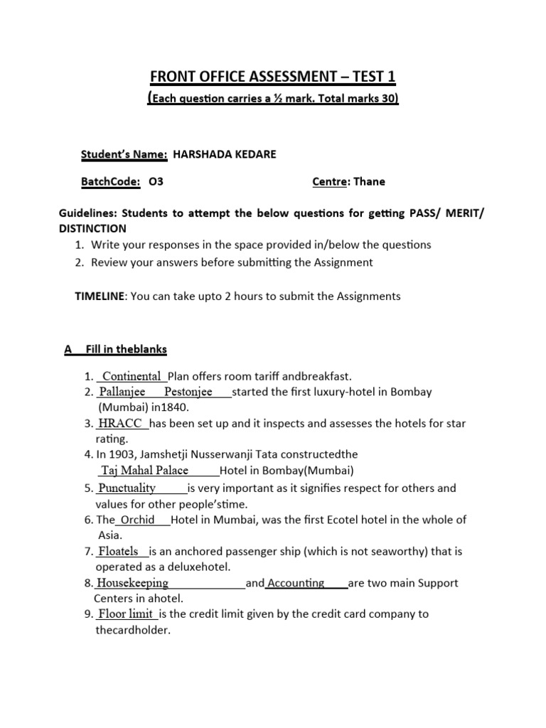 Front Office Assessment Test 1 | PDF | Hotel | Payments