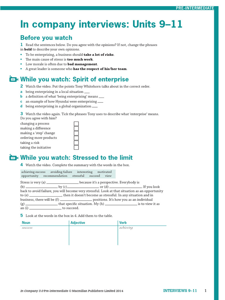 In Company 3.0 Pre-Intermediate Interview Video Units 9-11 Worksheet | PDF | Hand | Language ...