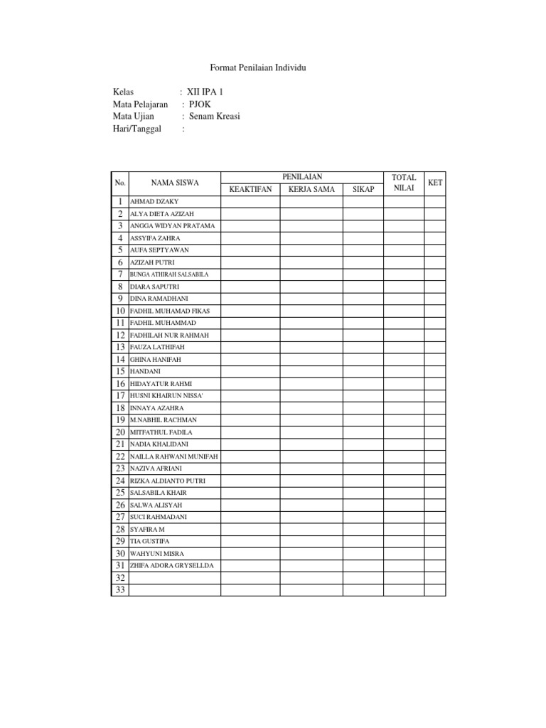 Format Penilaian Individu Ujian Praktek Pjok | PDF