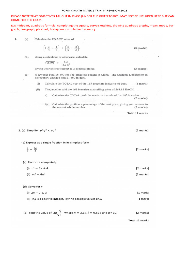 Form 4 Math Paper 2 Trinity Revision 2023 Pdf