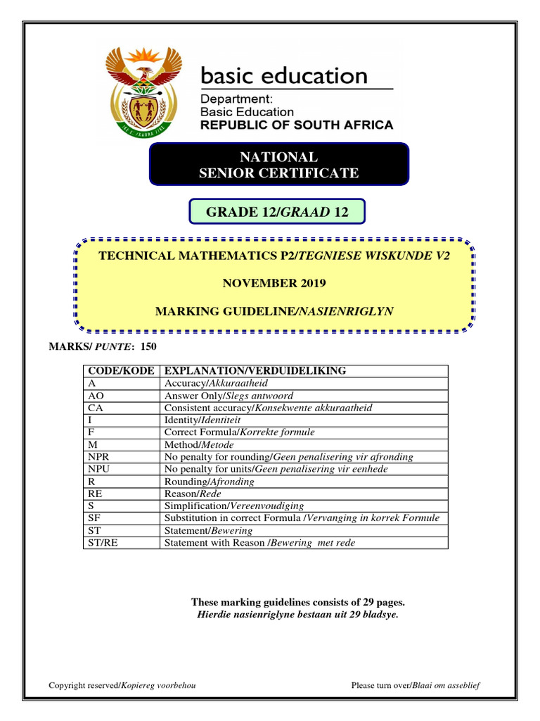 Technical Mathematics P2 Nov 2019 Memo Afr & Eng | PDF Technical Mathematics P2 Nov 2019 Memo Afr & Eng | PDF