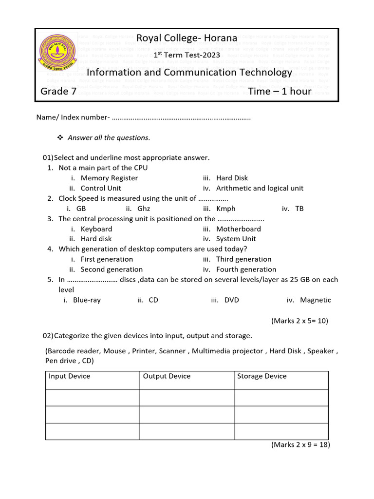 Grade 07 ICT 1st Term Test Paper 2023 English Medium Royal Vidyalaya | PDF