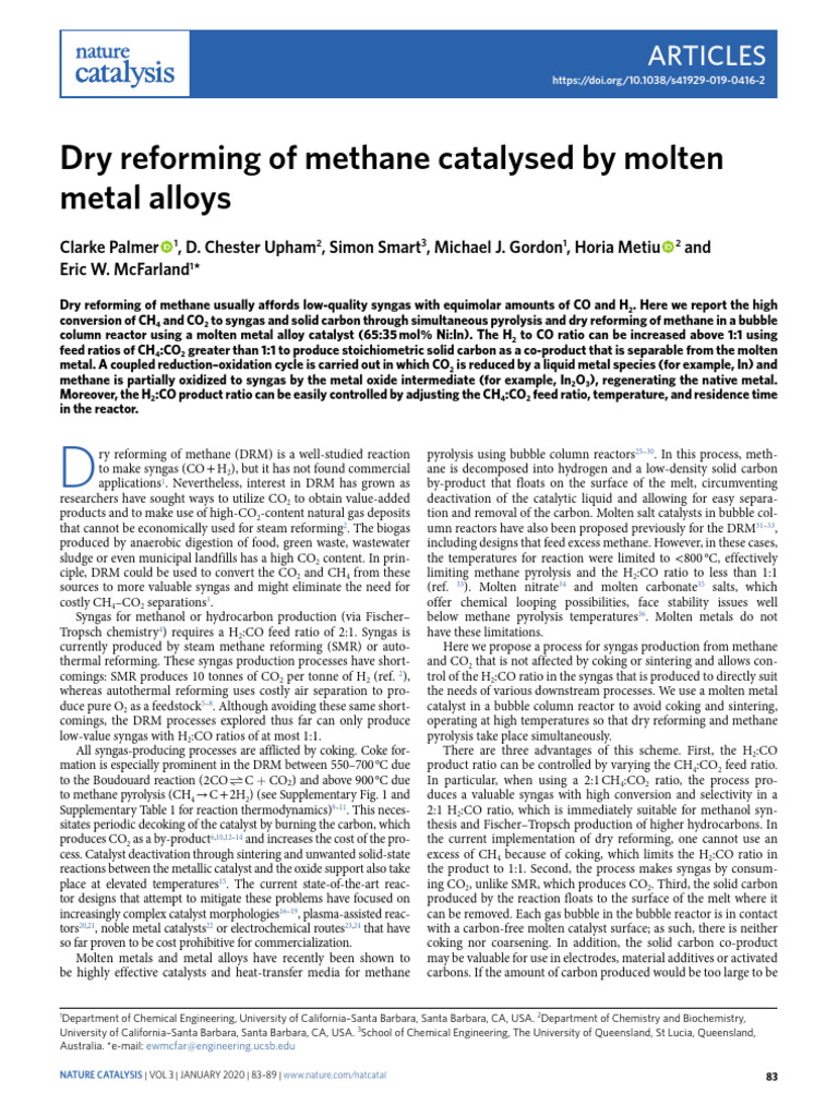 2020 Dry Reforming of Methane Catalysed by Molten Metal Alloys | PDF ...
