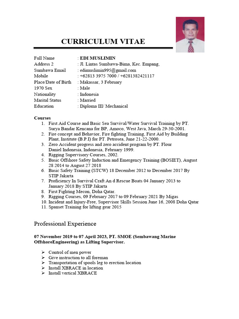Curriculum Vitae - Pak Edi M | PDF | Crane (Machine) | Pump