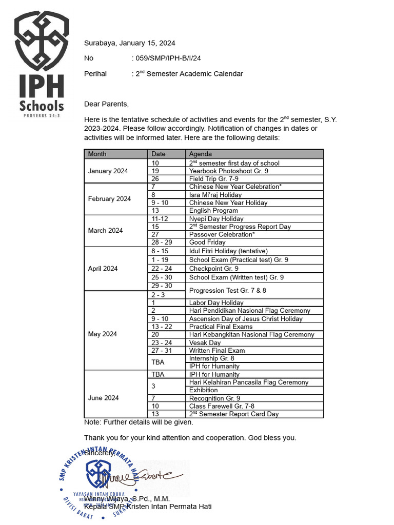 2nd Semester 2024 Academic Calendar | PDF