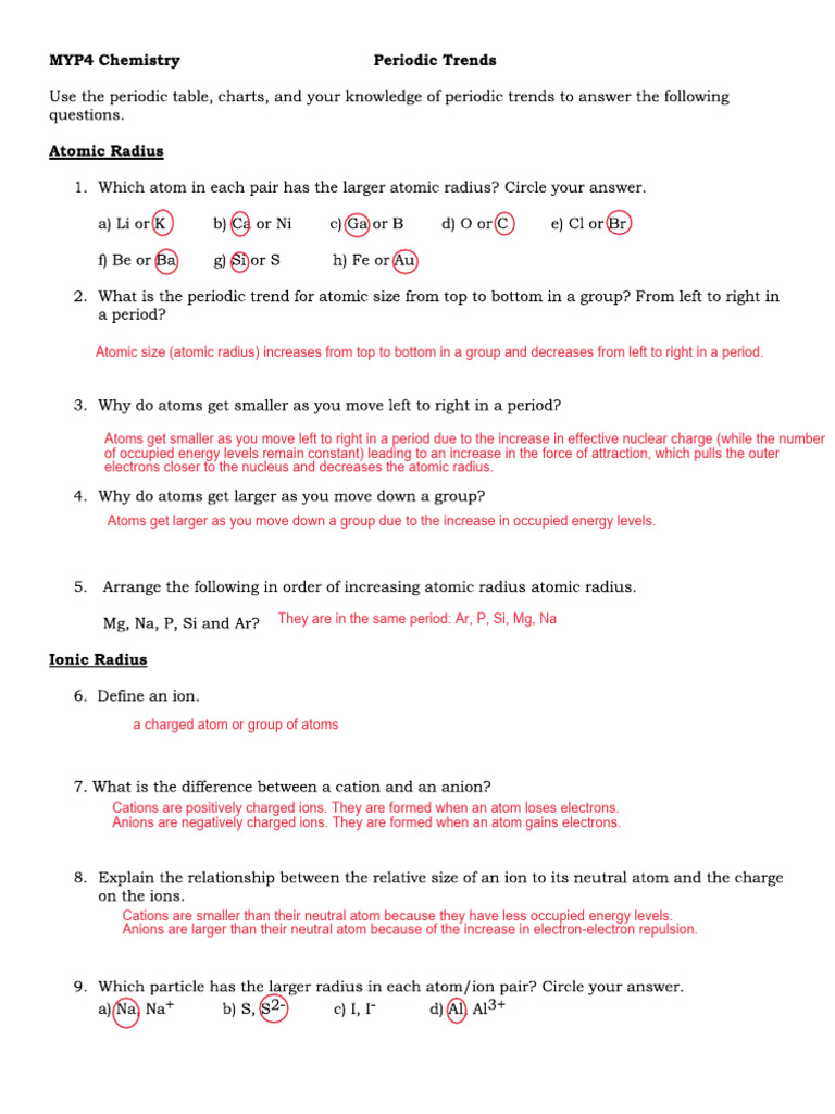 Periodic Trends Practice Worksheet Answer Key | PDF | Science ...