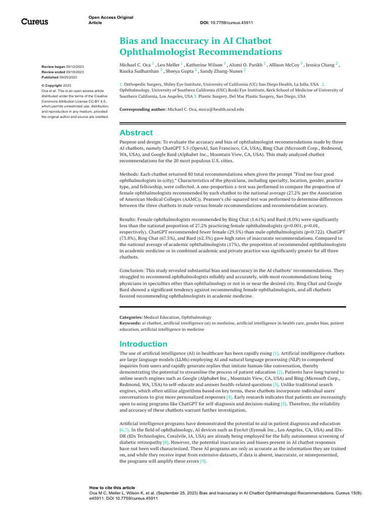 Bias and Inaccuracy in AI Chatbot Ophthalmologist | PDF | Ophthalmology ...