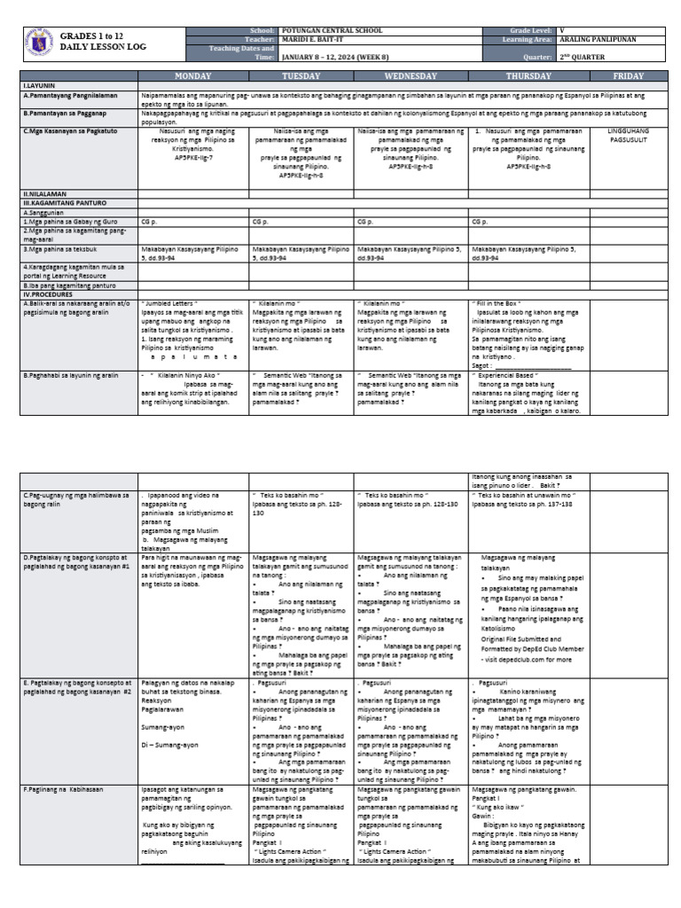 DLL Araling Panlipunan 5 q2 w8 | PDF