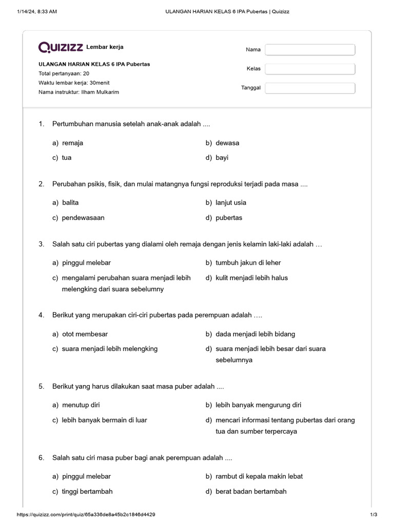 ULANGAN HARIAN KELAS 6 IPA Pubertas - Quizizz | PDF